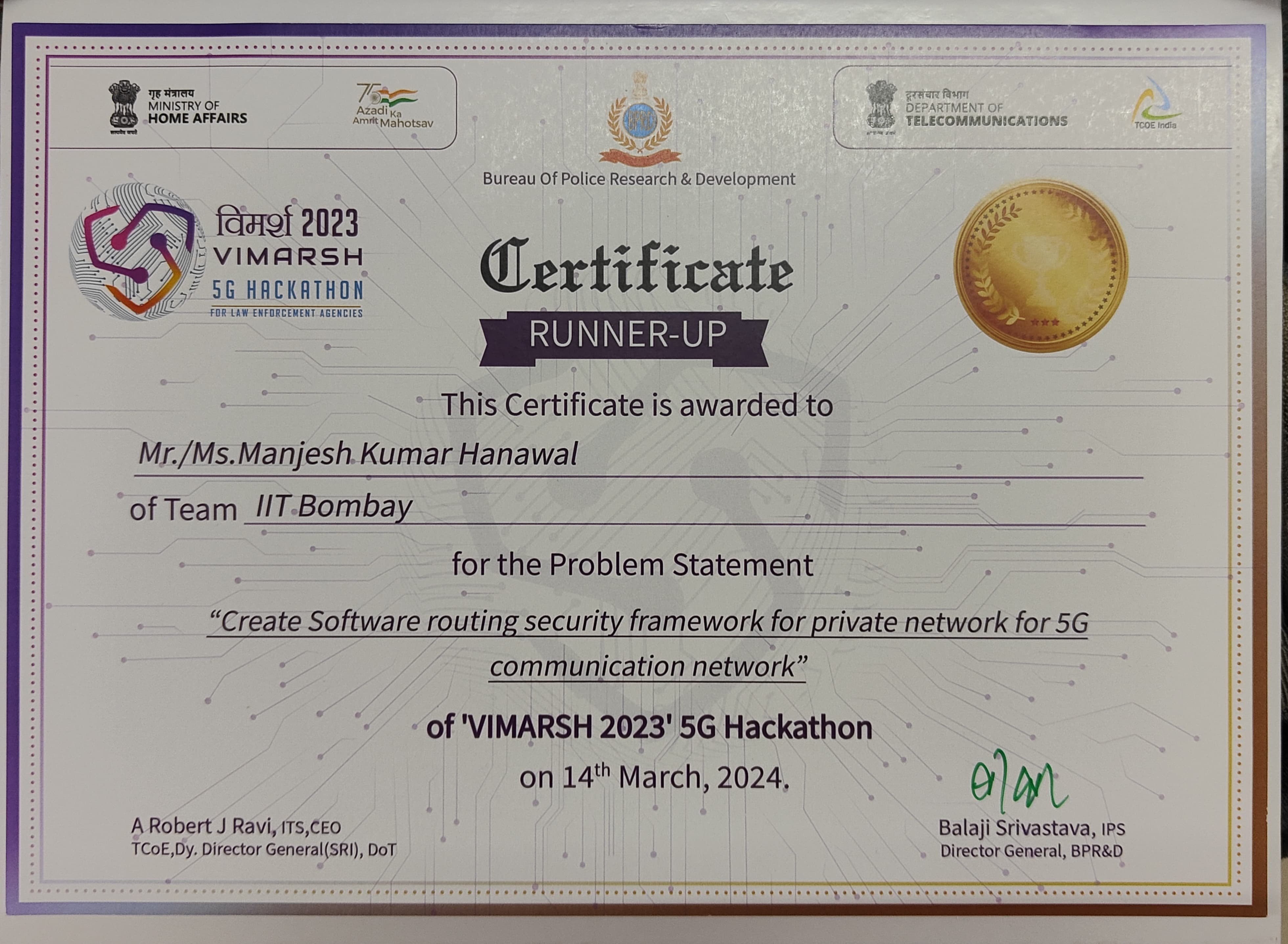 Team Vajra from IEOR Secures Runner Up Position at Vimarsh 2023 5G Hackathon | IEOR @ IIT Bombay